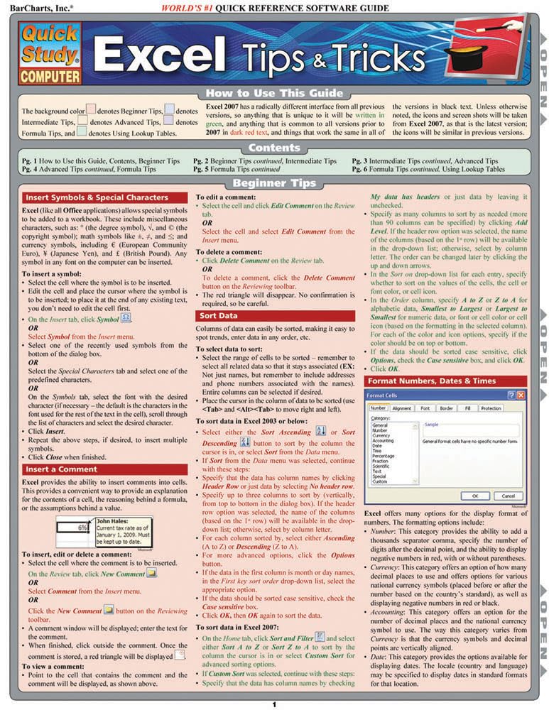 Excel Tips & Tricks QuickStudy Laminated Reference Guide Excel Tips & Tricks QuickStudy Laminated Reference Guide